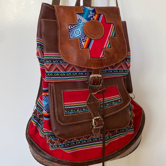 handmade in Peru | Bags | Peruvian Fabric And Leather Bottom Backpack ...